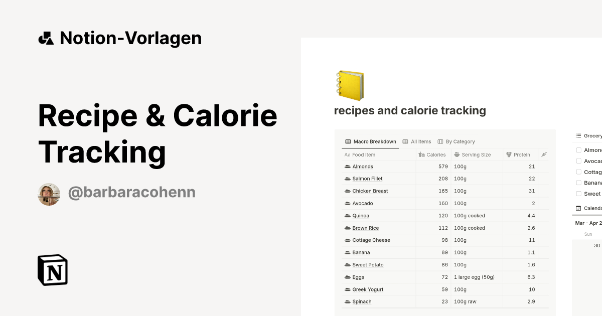 Recipe & Calorie Tracking Vorlage von Bárbara cohen | Notion-Marketplace