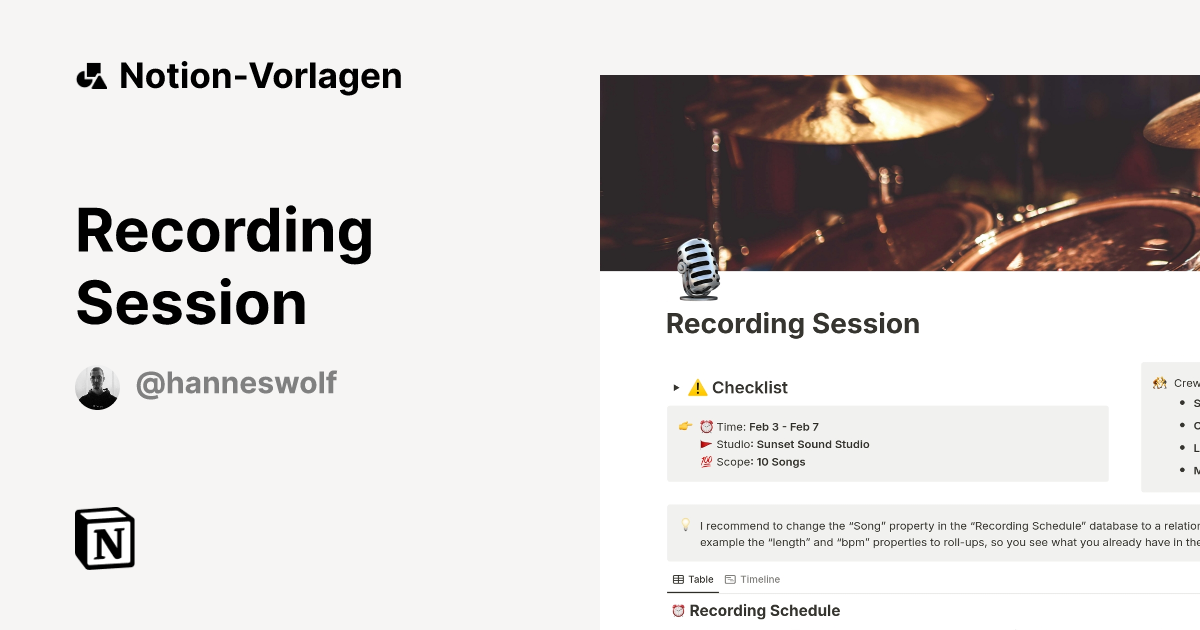 Recording Session Vorlage von Hannes Wolf | Notion-Marketplace