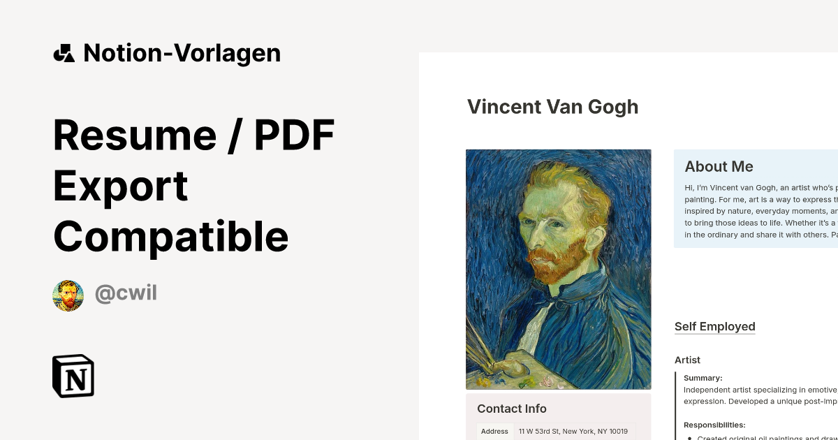 Resume / PDF Export Compatible Vorlage | Notion-Marketplace