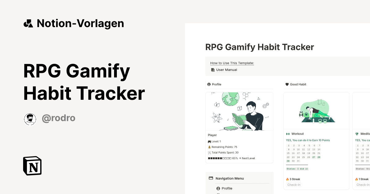 RPG Gamify Habit Tracker Vorlage von Rodro | Notion-Marketplace
