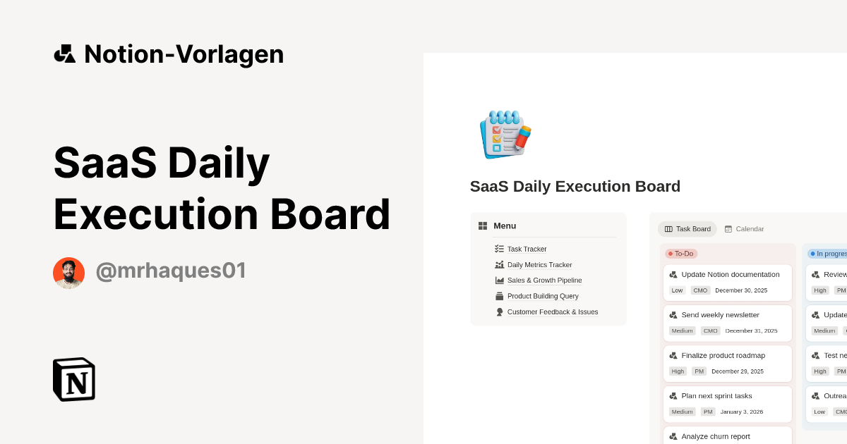 SaaS Daily Execution Board Vorlage | Notion-Marketplace