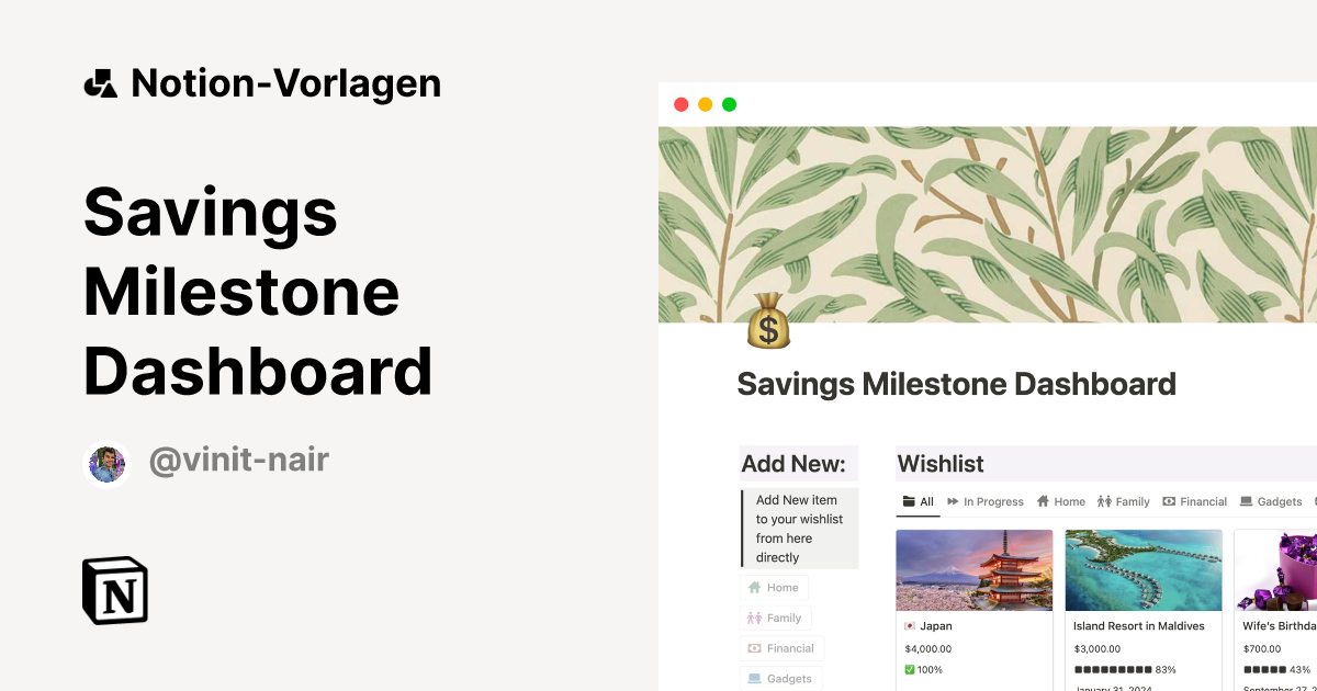 Savings Milestone Dashboard Vorlage von Vinit Nair | Notion-Marketplace