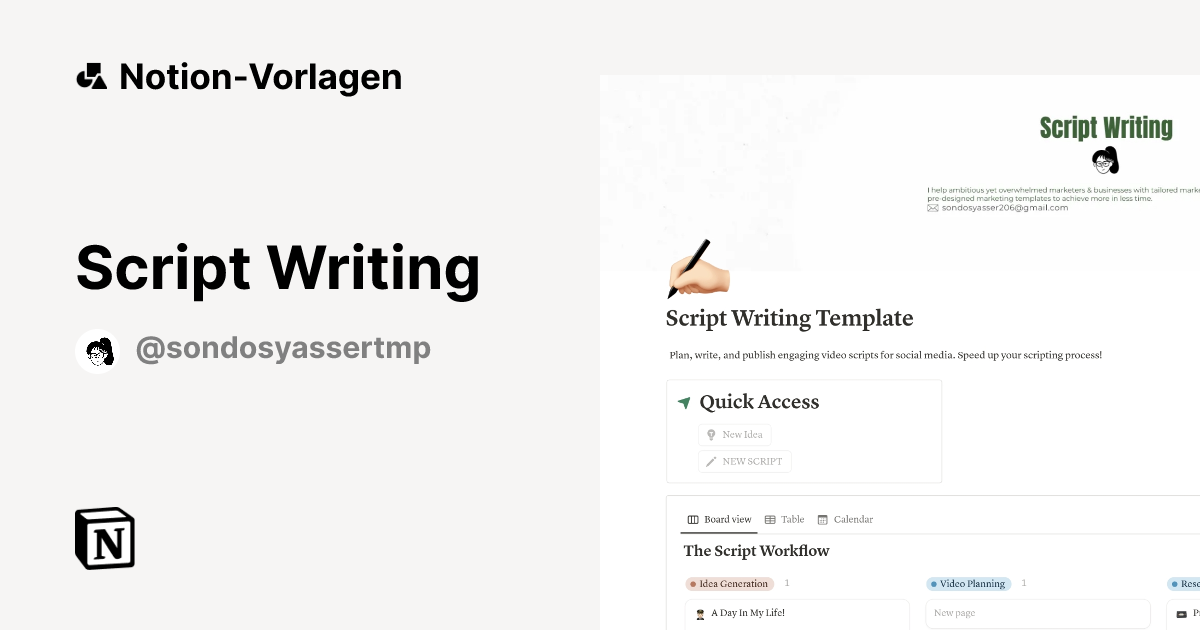 Script Writing Vorlage von Sondos Yasser | Notion-Marketplace