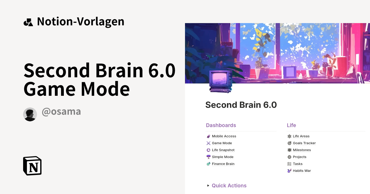 Second Brain 6.0 Game Mode Vorlage von OlsNotion | Notion-Marketplace