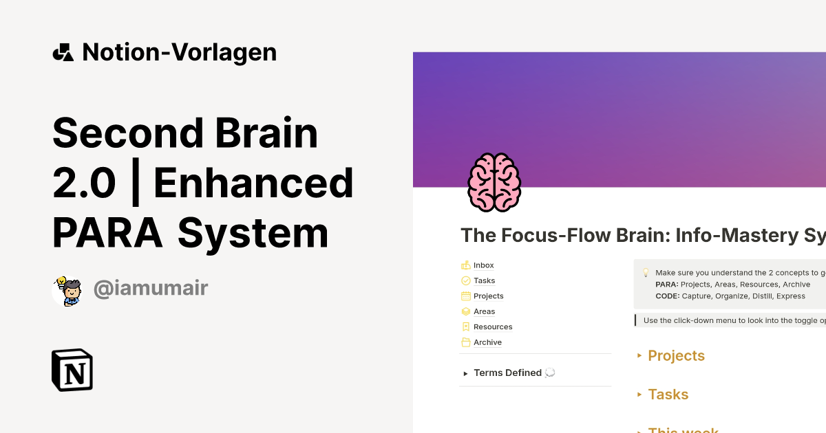 Second Brain 2.0 | Enhanced PARA System Vorlage | Notion-Marketplace