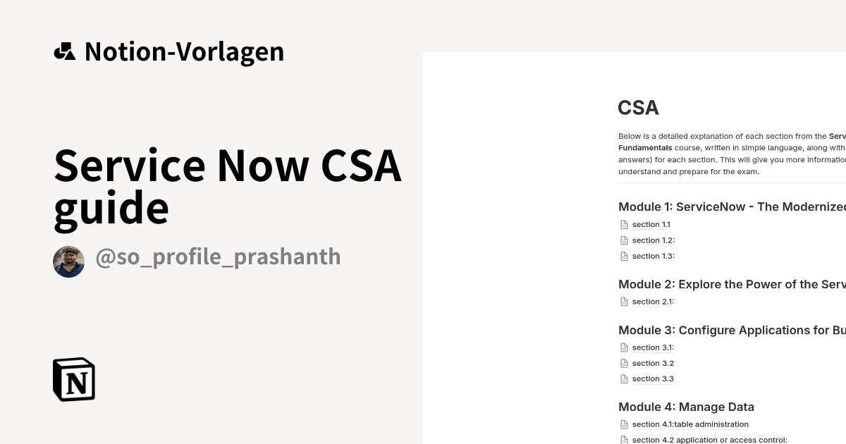Service Now CSA guide Vorlage | Notion-Marketplace