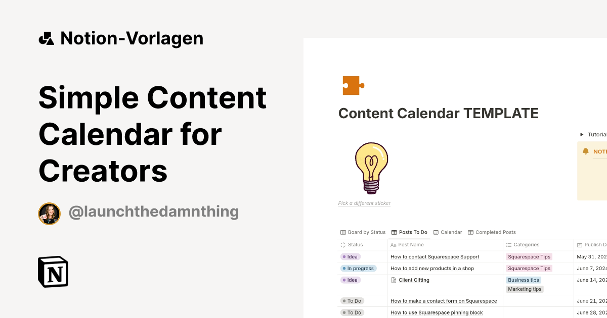Simple Content Calendar for Creators Vorlage | Notion-Marketplace