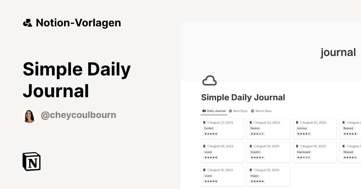 Simple Daily Journal Vorlage von Chey Coulbourn | Notion-Marketplace