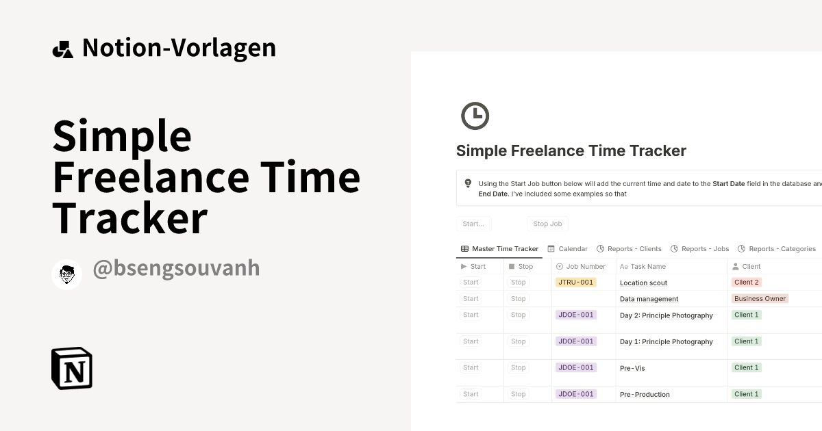 Simple Freelance Time Tracker Vorlage von Ben Sengsouvanh | Notion-Marketplace
