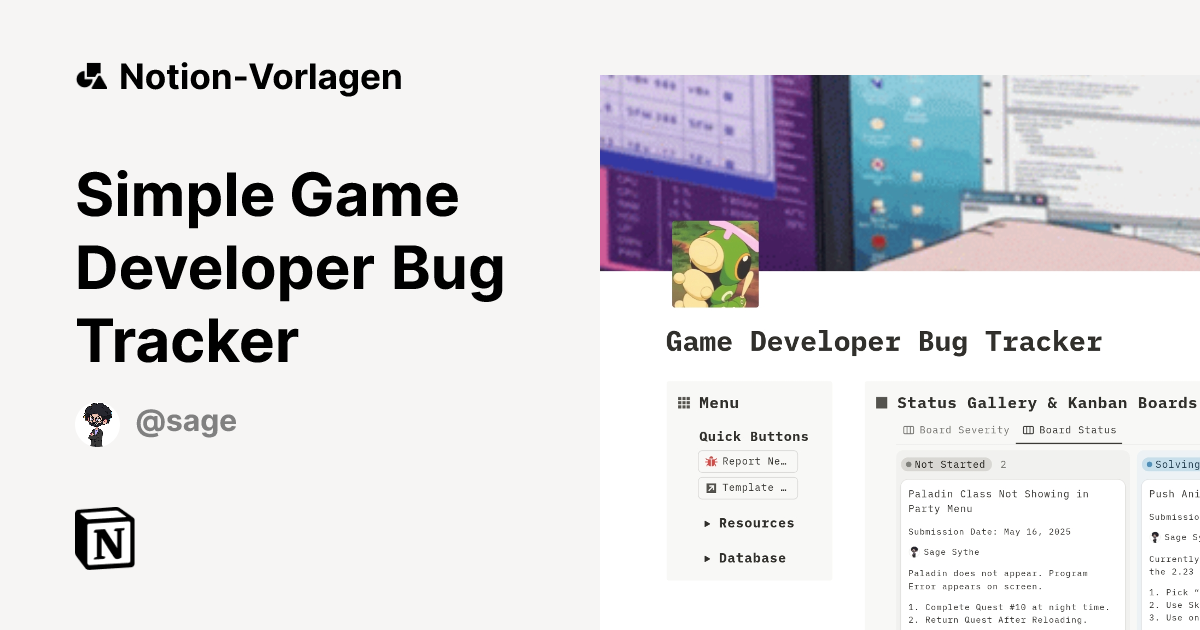 Simple Game Developer Bug Tracker Vorlage von Sage | Notion-Marketplace