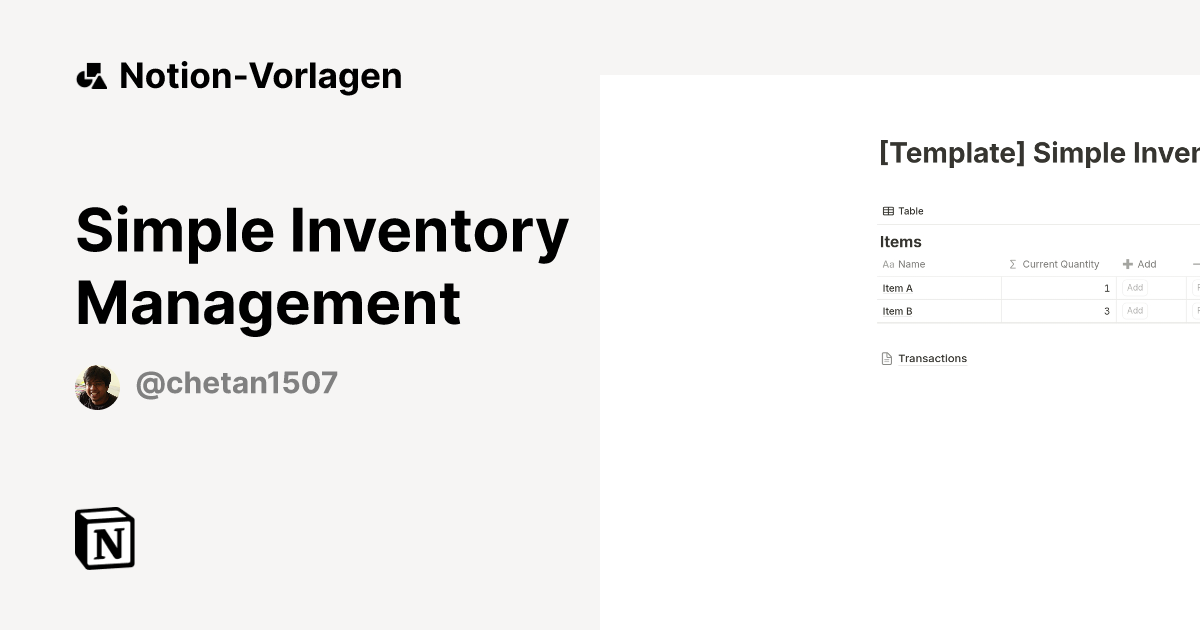Simple Inventory Management Vorlage von Chetan Agrawal | Notion-Marketplace