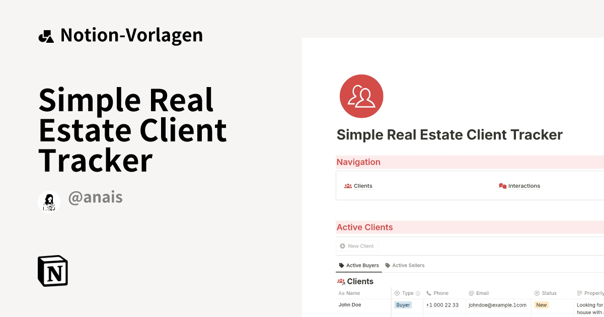 Simple Real Estate Client Tracker Vorlage | Notion-Marketplace