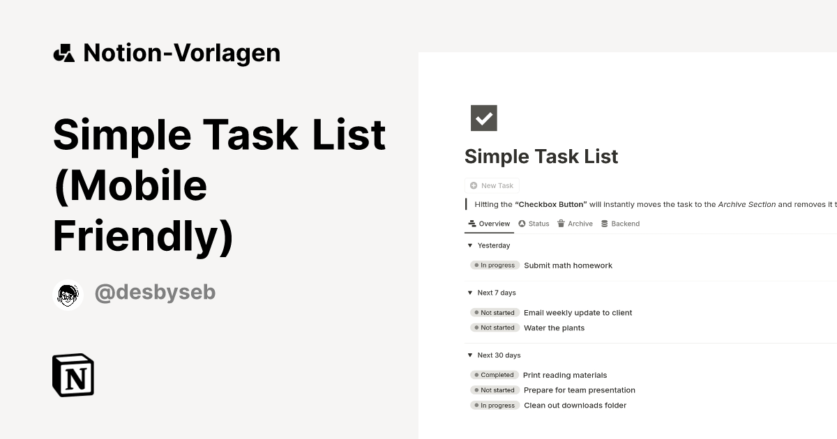 Simple Task List (Mobile Friendly) Vorlage von desbyseb | Notion-Marketplace