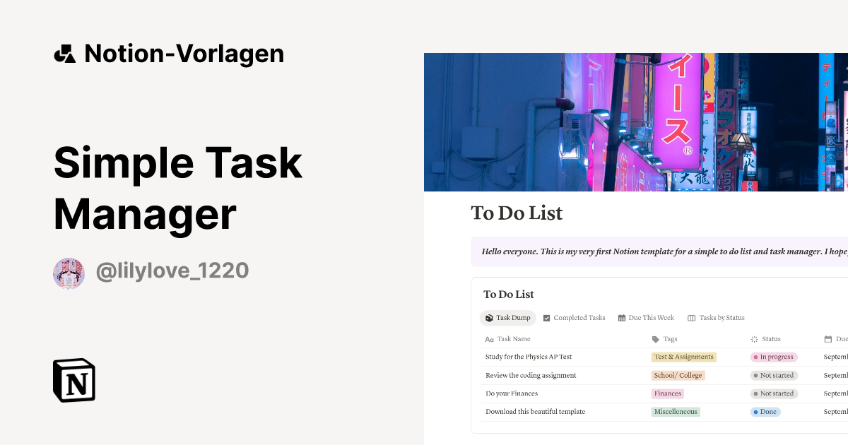 Simple Task Manager Vorlage von Lily Love | Notion-Marketplace