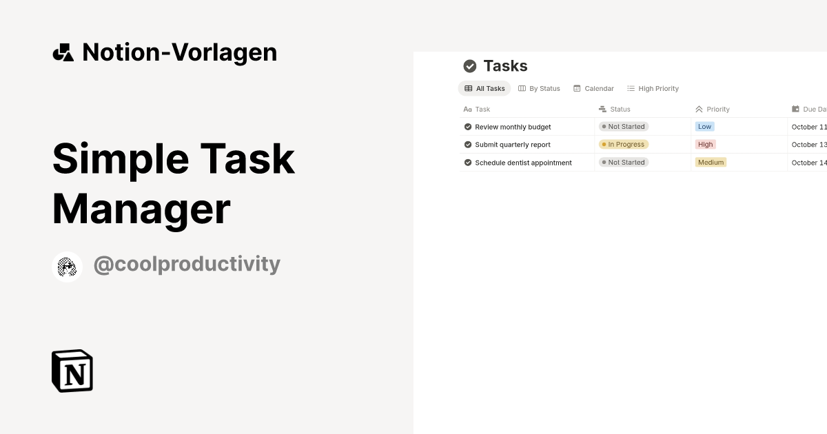 Simple Task Manager Vorlage | Notion-Marketplace