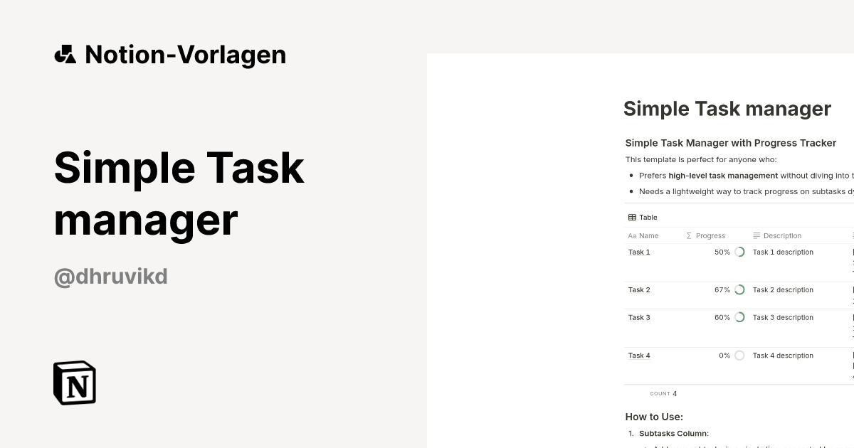 Simple Task manager Vorlage von Dhruvik D | Notion-Marketplace