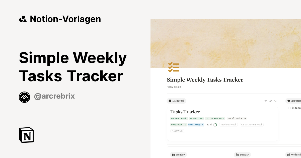Simple Weekly Tasks Tracker Vorlage | Notion-Marketplace