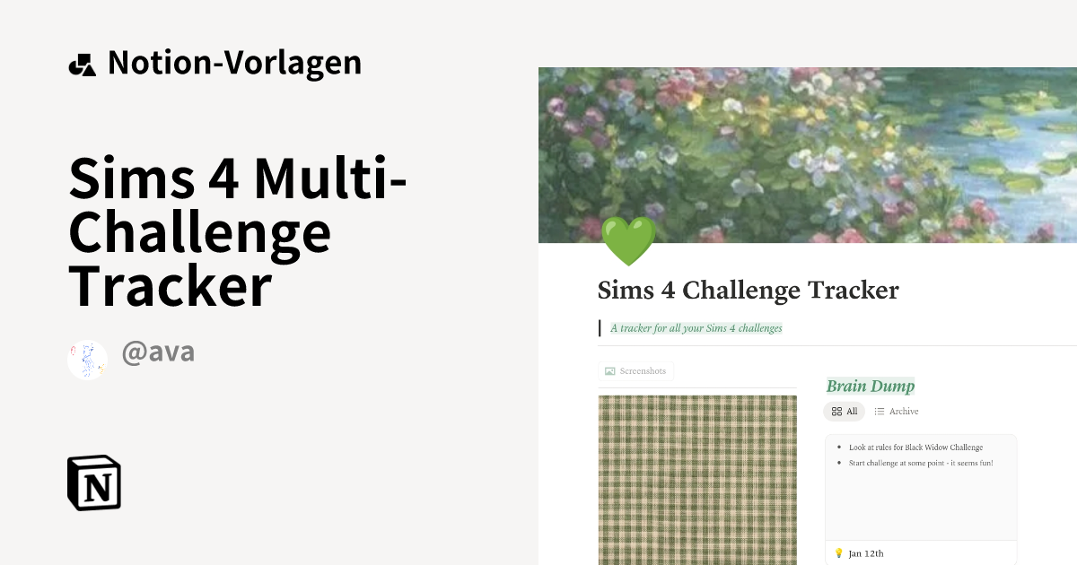 Sims 4 Multi-Challenge Tracker Vorlage | Notion-Marketplace