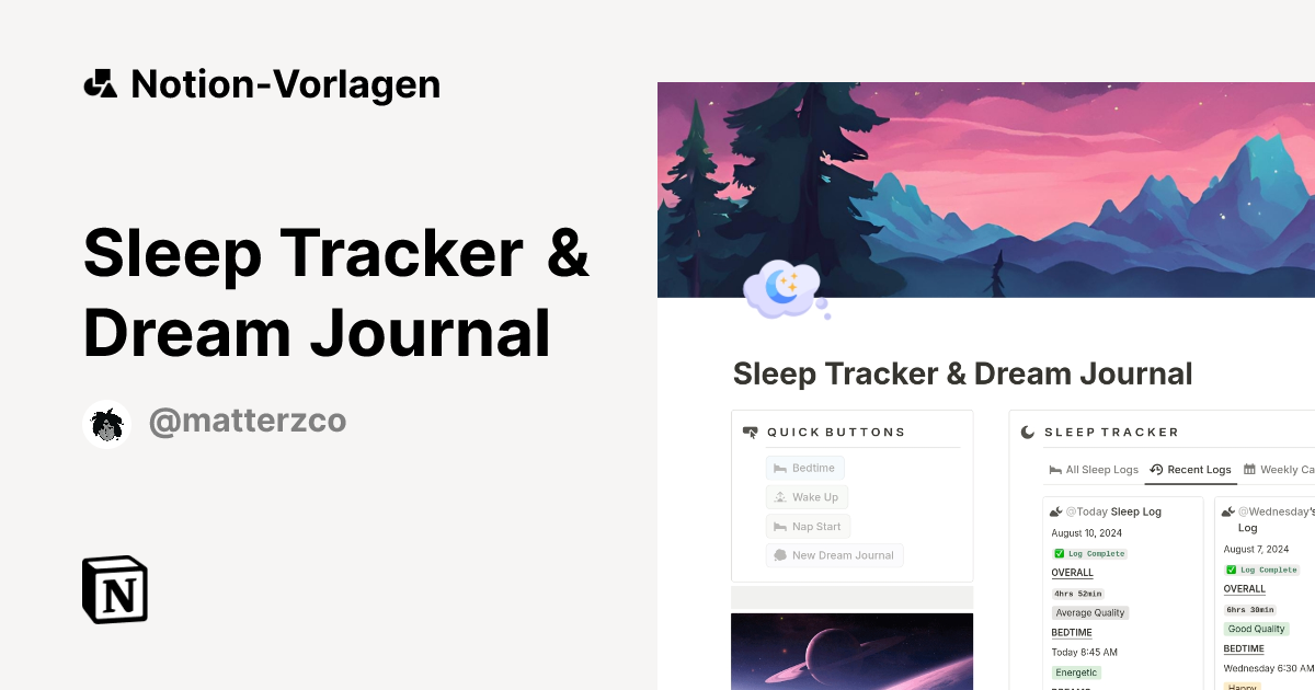 Sleep Tracker & Dream Journal Vorlage | Notion-Marketplace