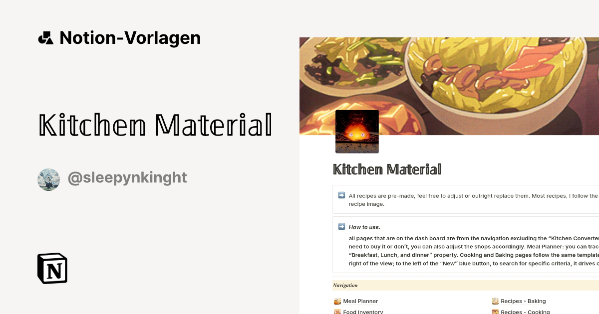𝕂𝕚𝕥𝕔𝕙𝕖𝕟 𝕄𝕒𝕥𝕖𝕣𝕚𝕒𝕝 Vorlage von SleepyKnight | Notion-Marketplace