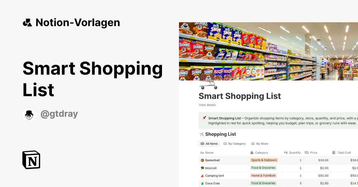 Smart Shopping List Vorlage | Notion-Marketplace