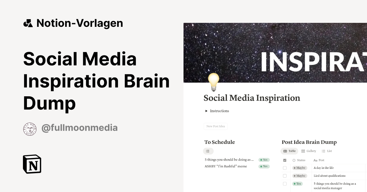 Social Media Inspiration Brain Dump Vorlage | Notion-Marketplace