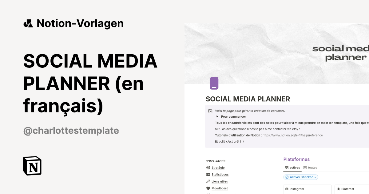 SOCIAL MEDIA PLANNER (en français) Vorlage | Notion-Marketplace