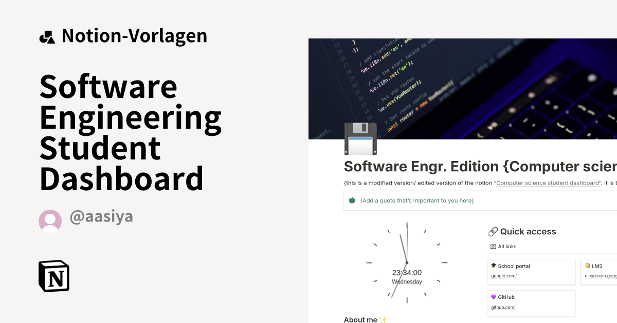 Software Engineering Student Dashboard Vorlage | Notion-Marketplace
