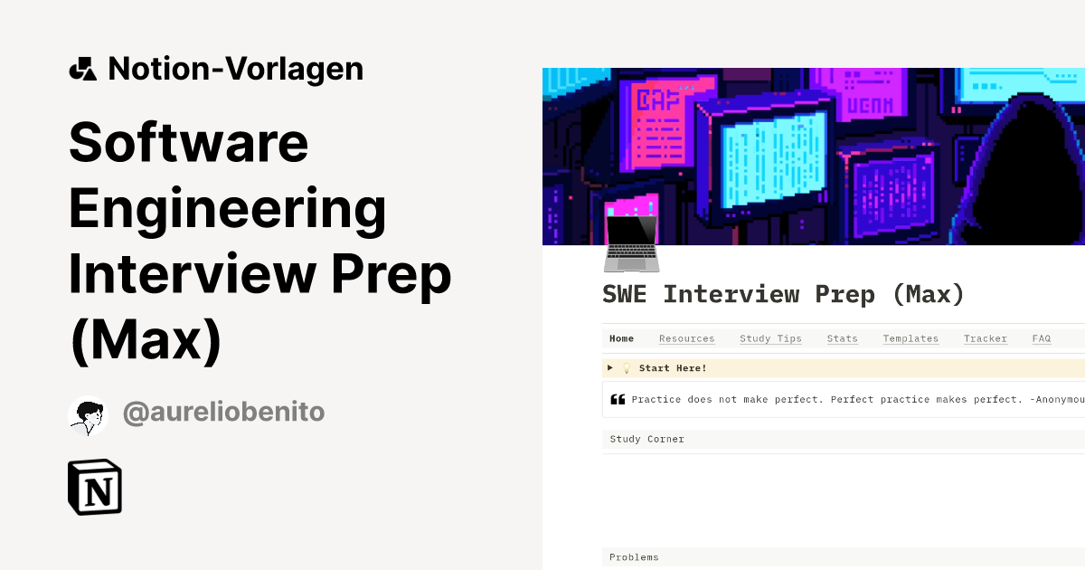 Software Engineering Interview Prep (Max) Vorlage | Notion-Marketplace