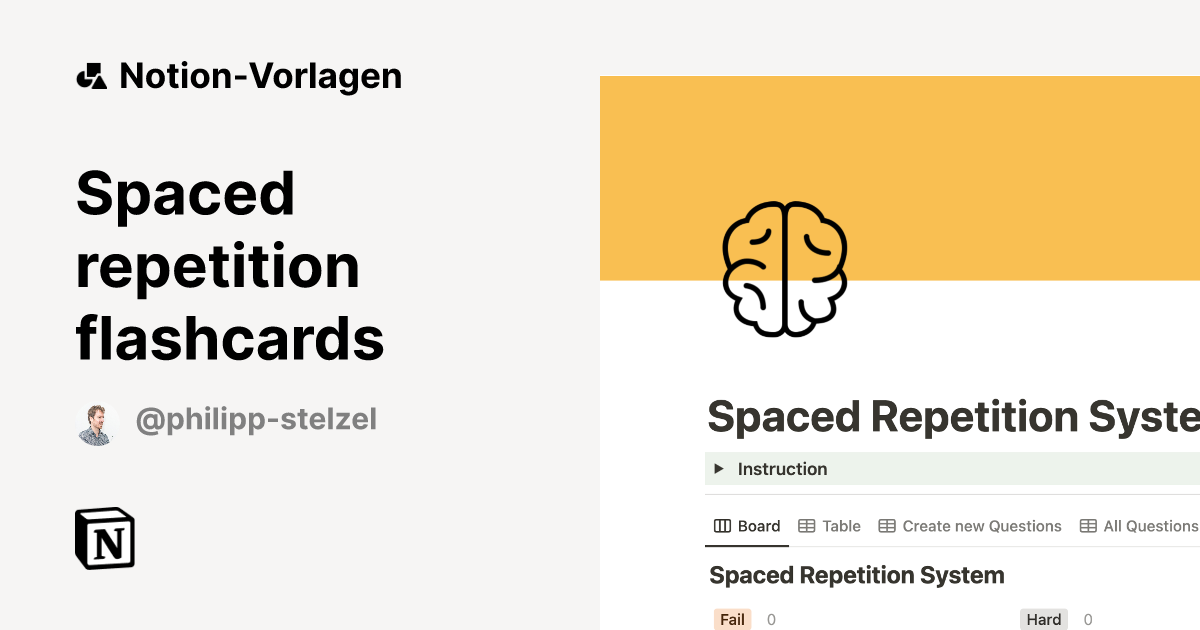 Spaced repetition flashcards Vorlage | Notion-Marketplace