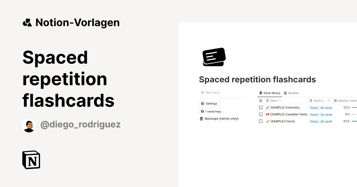 Spaced repetition flashcards Vorlage | Notion-Marketplace
