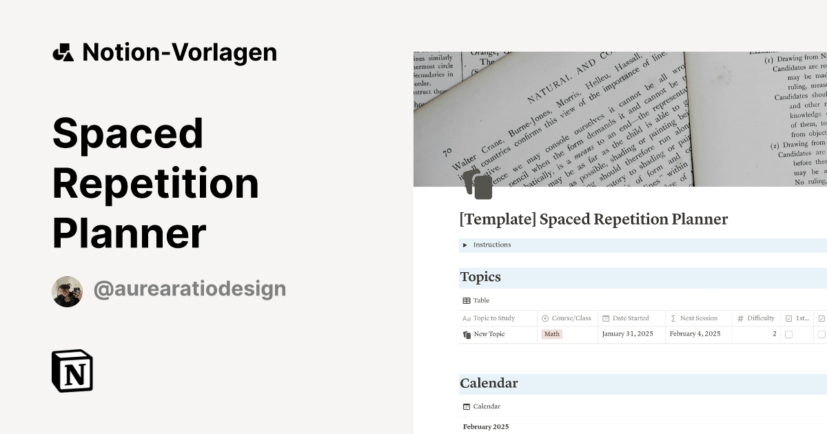 Spaced Repetition Planner Vorlage von Aurea Ratio Design | Notion ...