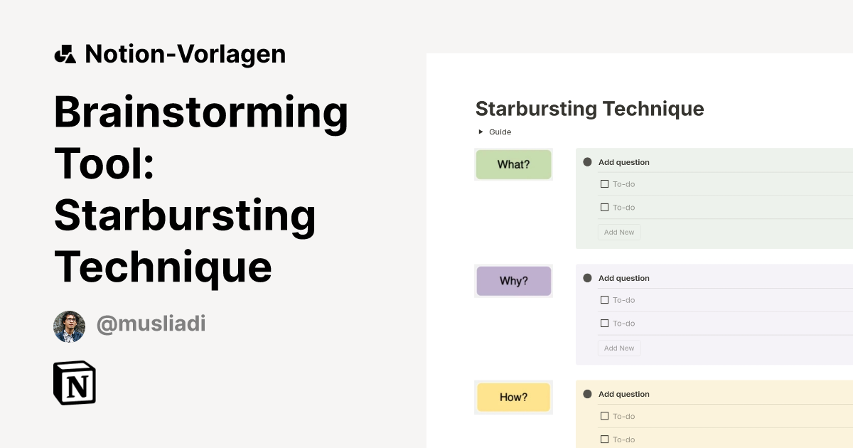 Brainstorming Tool: Starbursting Technique Vorlage | Notion-Marketplace