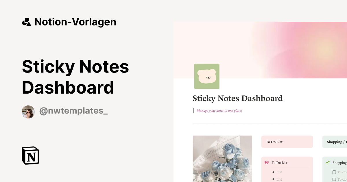 Sticky Notes Dashboard Vorlage | Notion-Marketplace