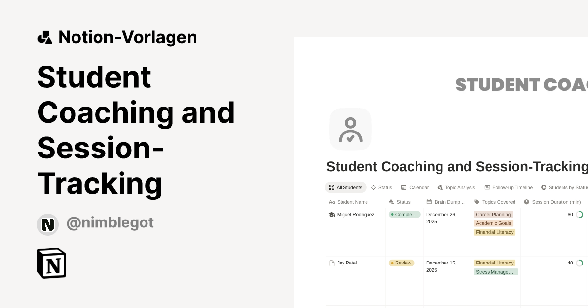 Student Coaching and Session-Tracking Vorlage von NimbleGot | Notion-Marketplace