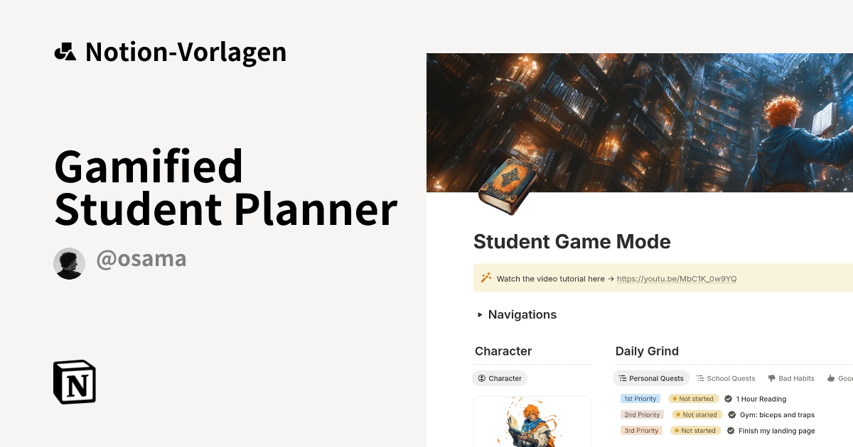 Gamified Student Planner Vorlage | Notion-Marketplace