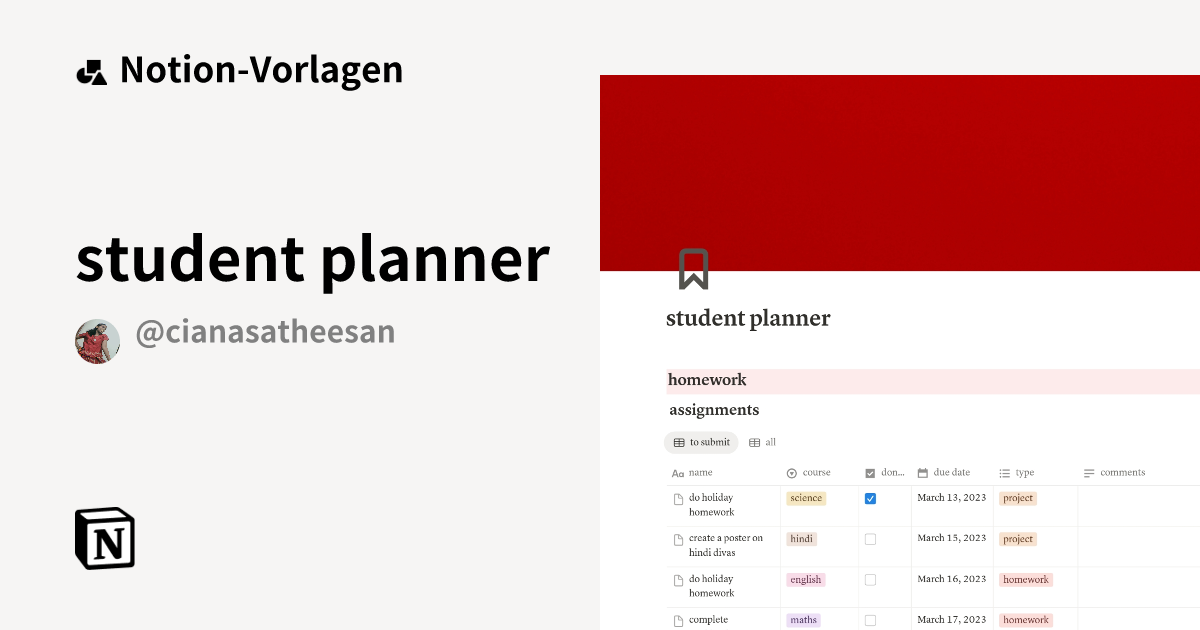 student planner Vorlage von Ciana Satheesan | Notion-Marketplace