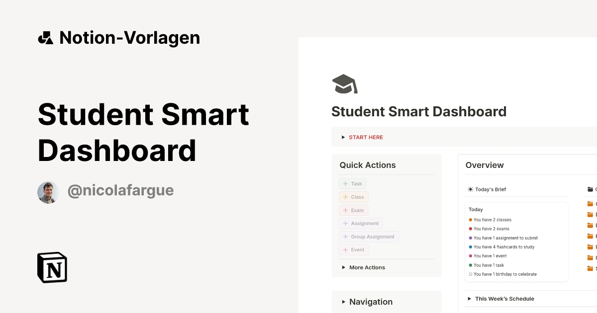 Student Smart Dashboard Vorlage von Nicolas Lafargue | Notion-Marketplace