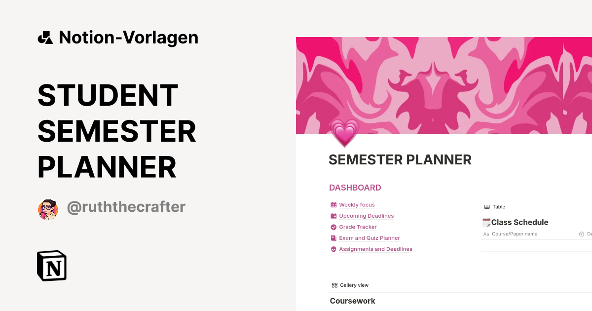 STUDENT SEMESTER PLANNER Vorlage | Notion-Marketplace