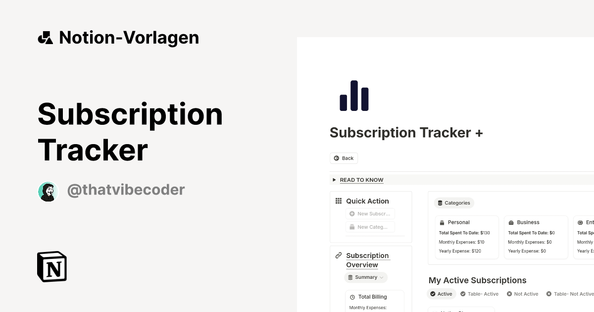Subscription Tracker Vorlage | Notion-Marketplace