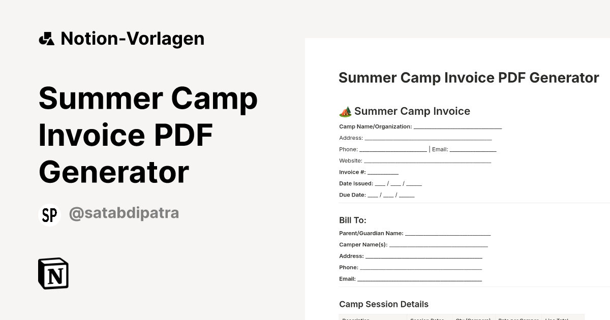 Summer Camp Invoice PDF Generator Vorlage | Notion-Marketplace