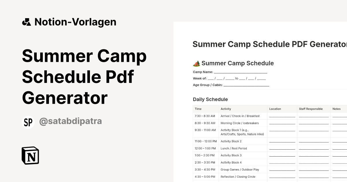 Summer Camp Schedule Pdf Generator Vorlage von Satabdi Patra | Notion-Marketplace