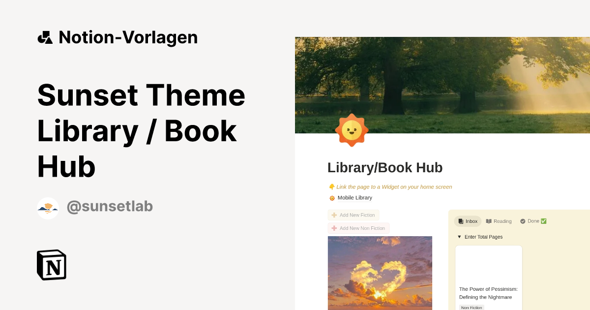 Sunset Theme Library / Book Hub Vorlage | Notion-Marketplace