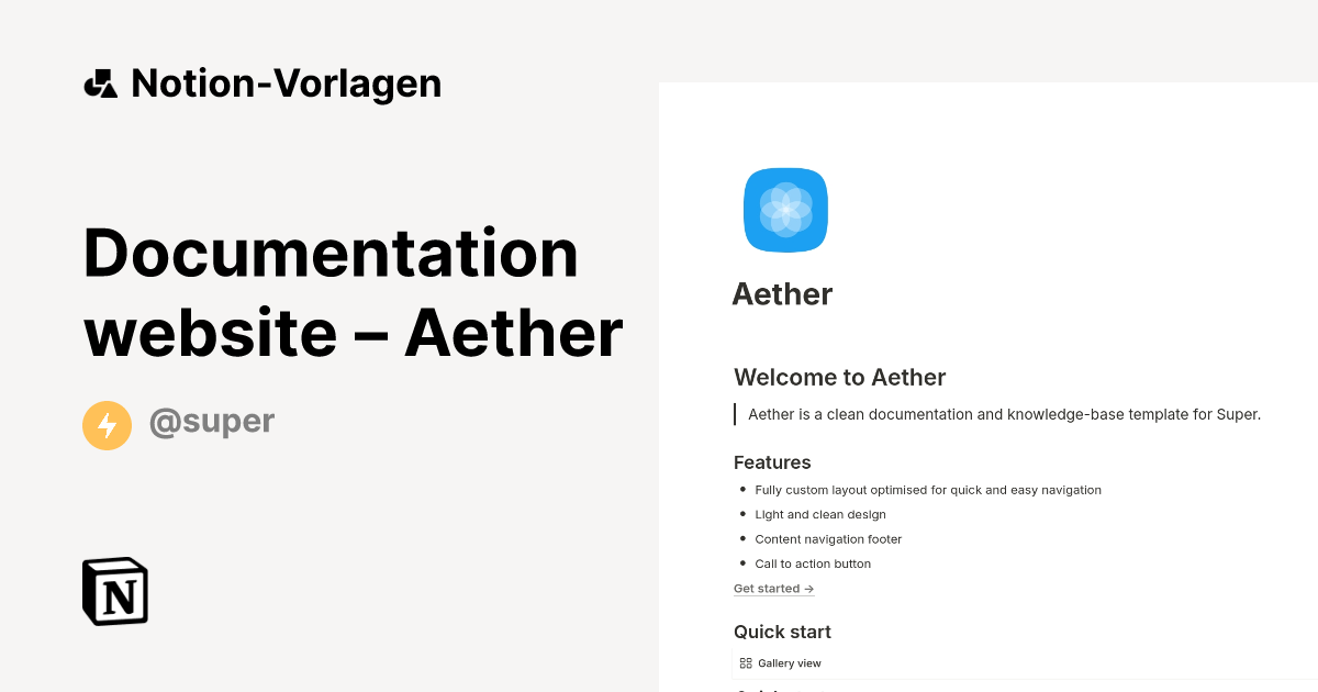 Documentation website – Aether Vorlage | Notion-Marketplace