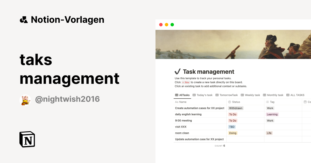 taks management Vorlage von KevinZhou | Notion-Marketplace