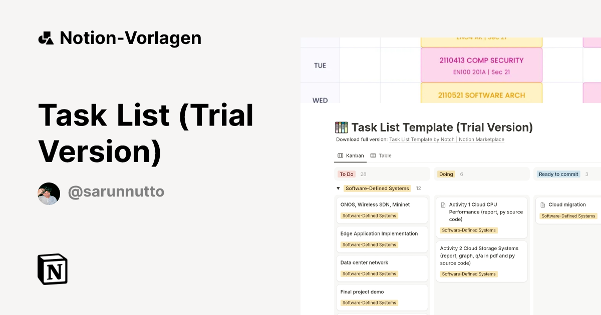 Task List (Trial Version) Vorlage von Notch | Notion-Marketplace
