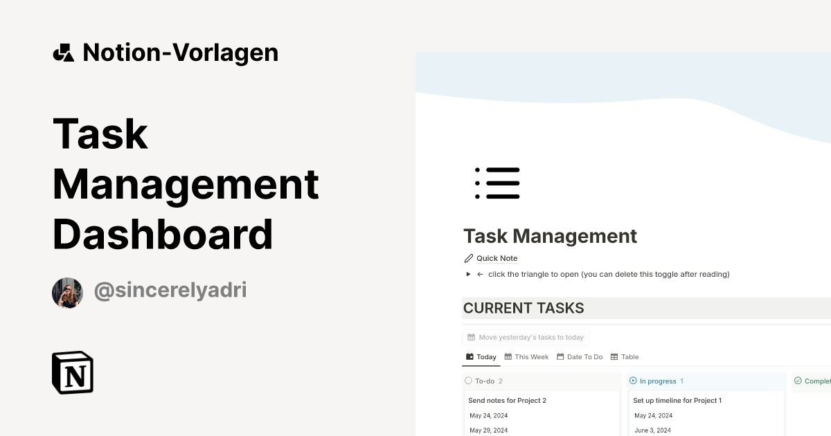 Task Management Dashboard Vorlage | Notion-Marketplace