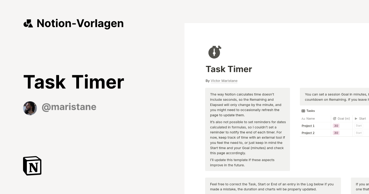 Task Timer Vorlage von Victor Maristane | Notion-Marketplace