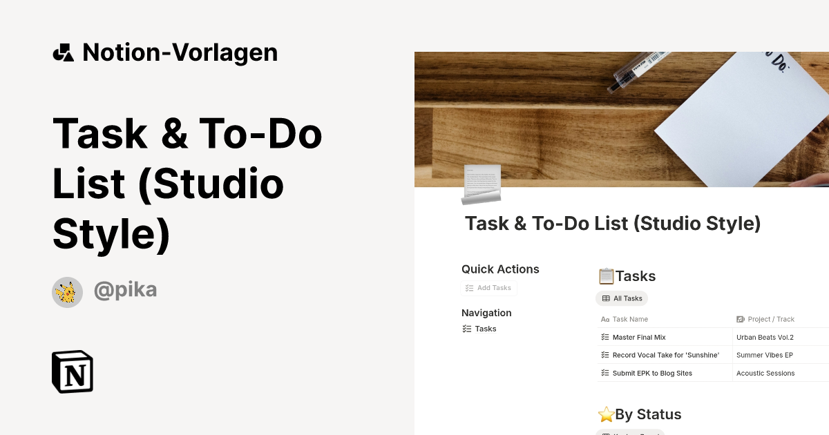 Task & To-Do List (Studio Style) Vorlage von Pika | Notion-Marketplace