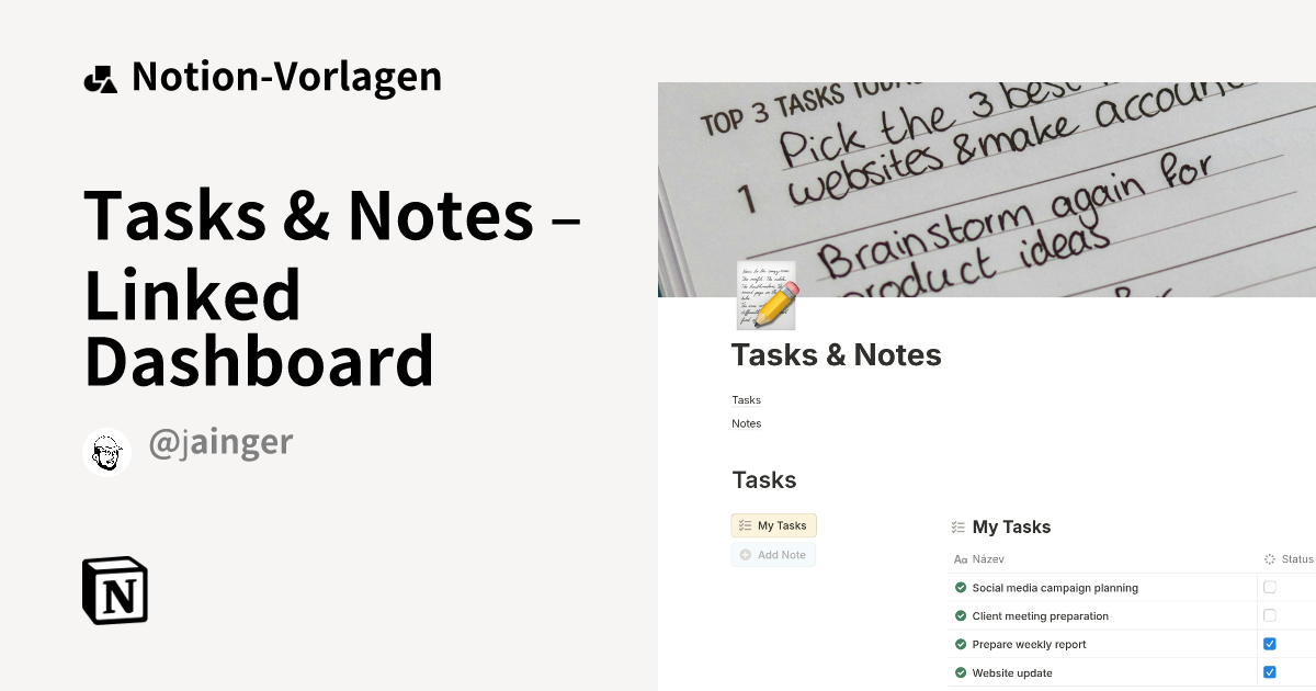 Tasks & Notes – Linked Dashboard Vorlage von Jakub Inger | Notion ...